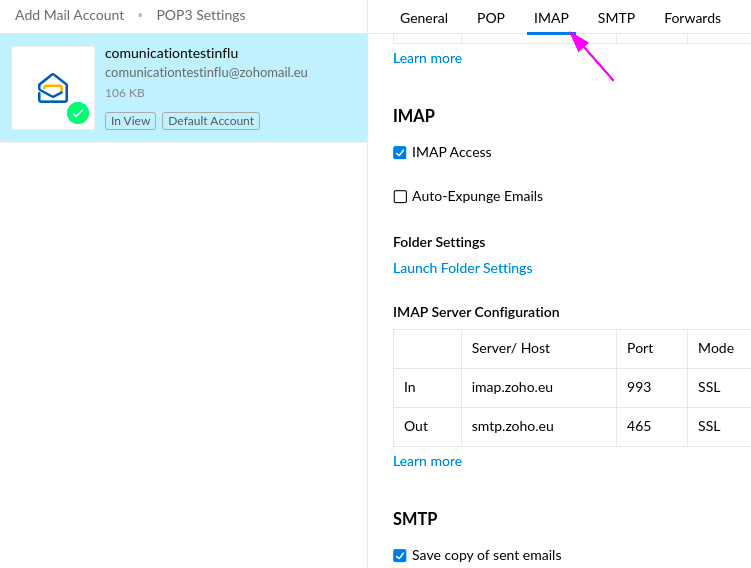 Linking Zoho via IMAP