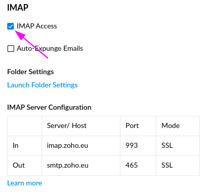 Linking Zoho via IMAP